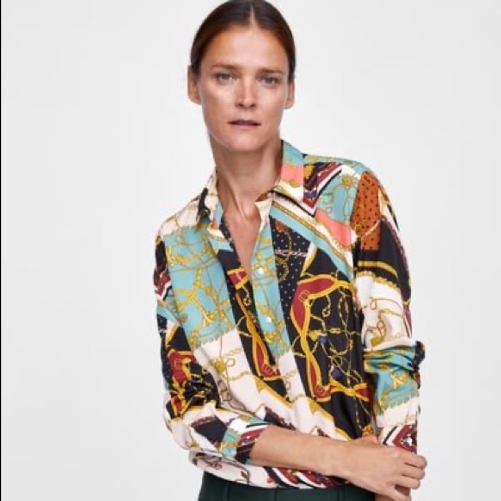 Zara Patchwork Chain Print Blouse, Euc Xs - Gem
